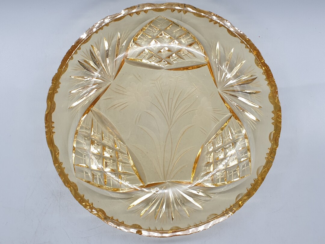 Vintage Amber Cut Crystal Glass Bowl With Cut Glass Floral Engraving ...