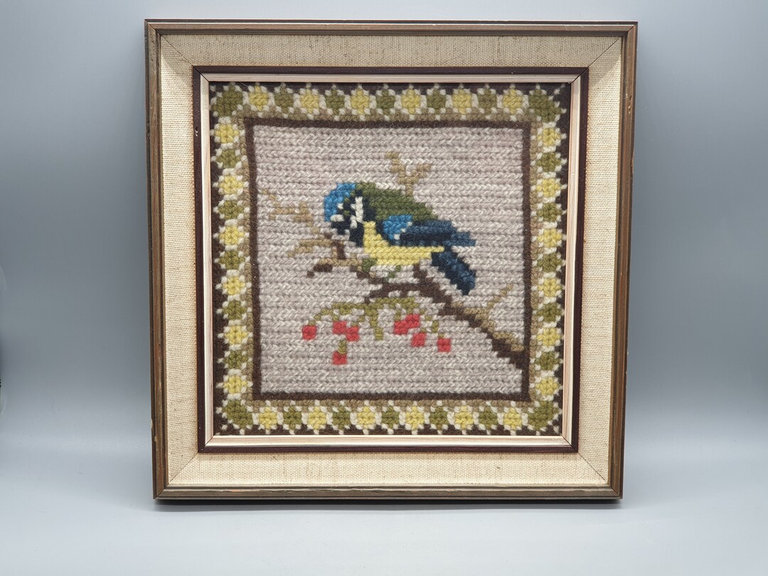 Vintage Embroidered Wall Decor, Cross Stitched Wall Hanging of a Bird ...