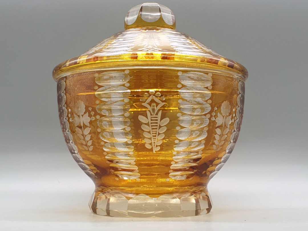 Vintage Amber Cut Glass Lidded Bowl With Cut Glass Engraving ...