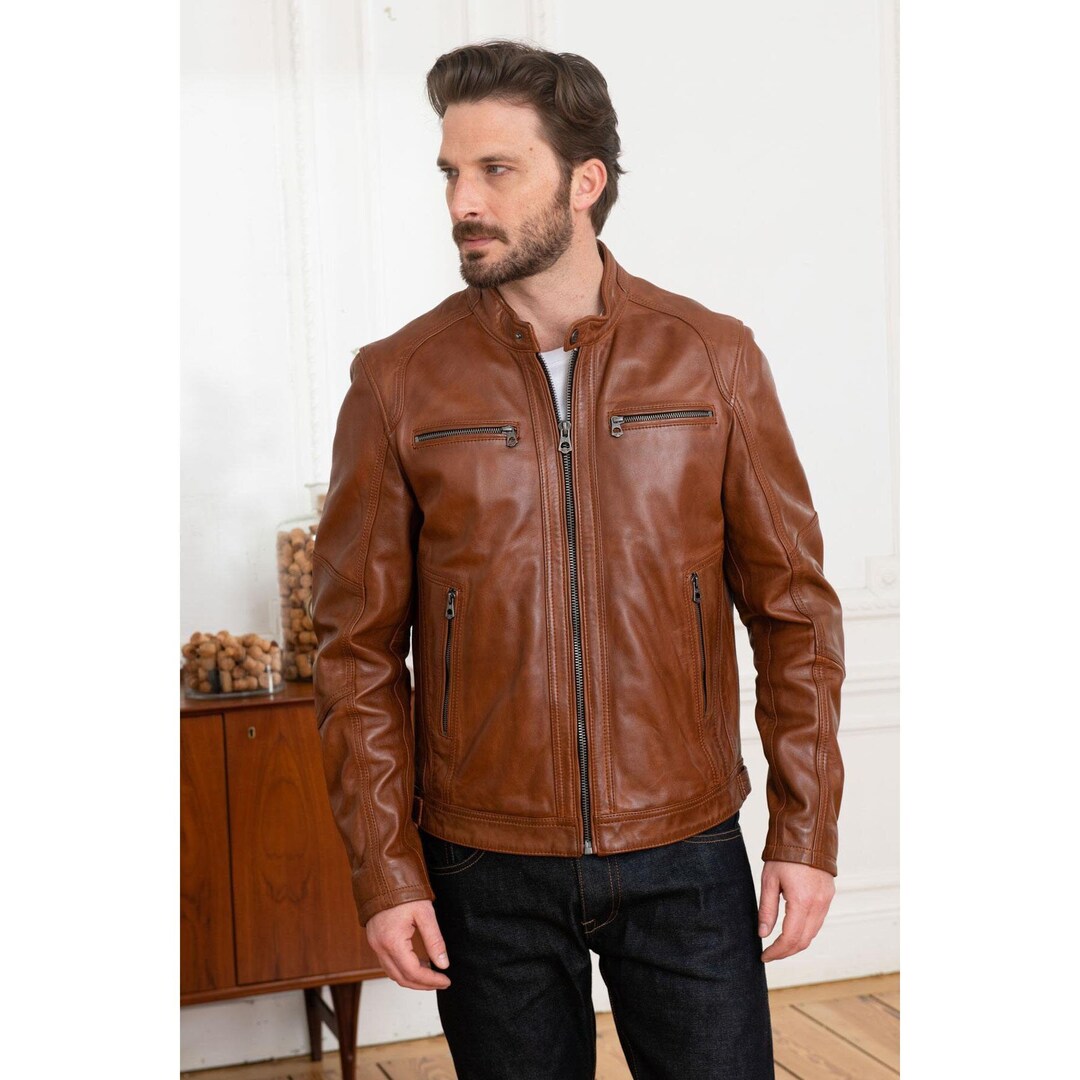 Men's TAN Leather Jacket MOTORCYCLE Café Racer Leather Jacket Stylish ...