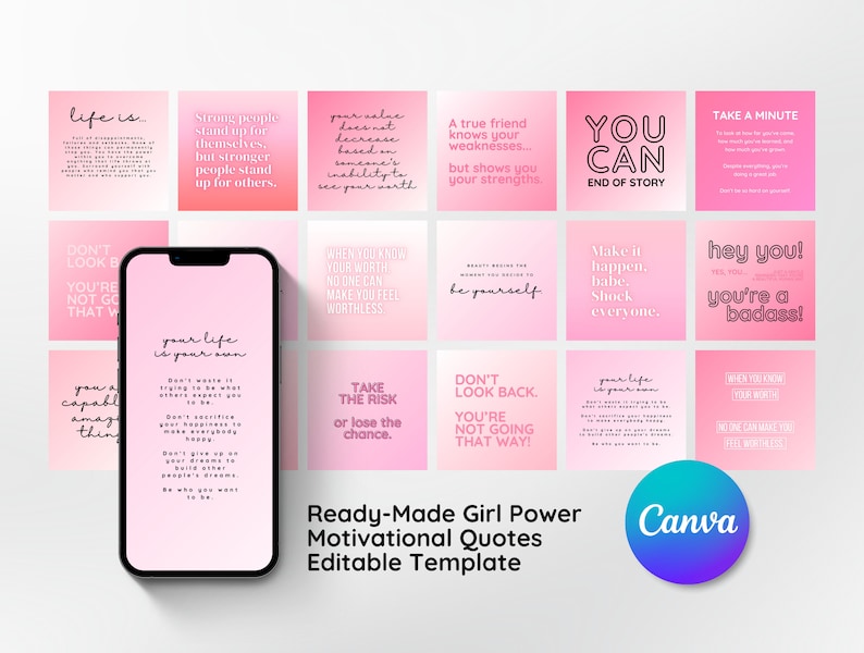 30 Ready-made Pink Girl Power Motivational Quotes Editable Canva ...