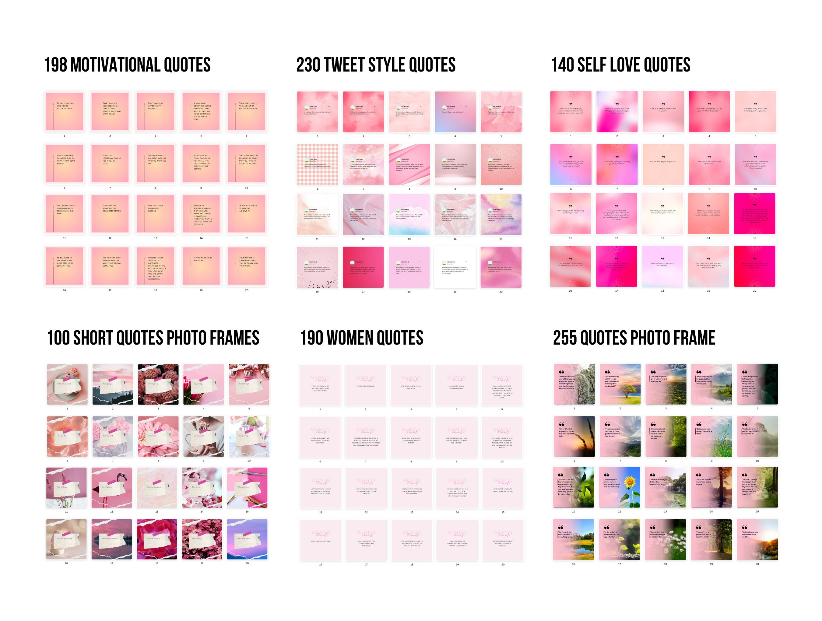 1800 Motivational Quotes Pink Theme, Canva Templates Fully Editable ...