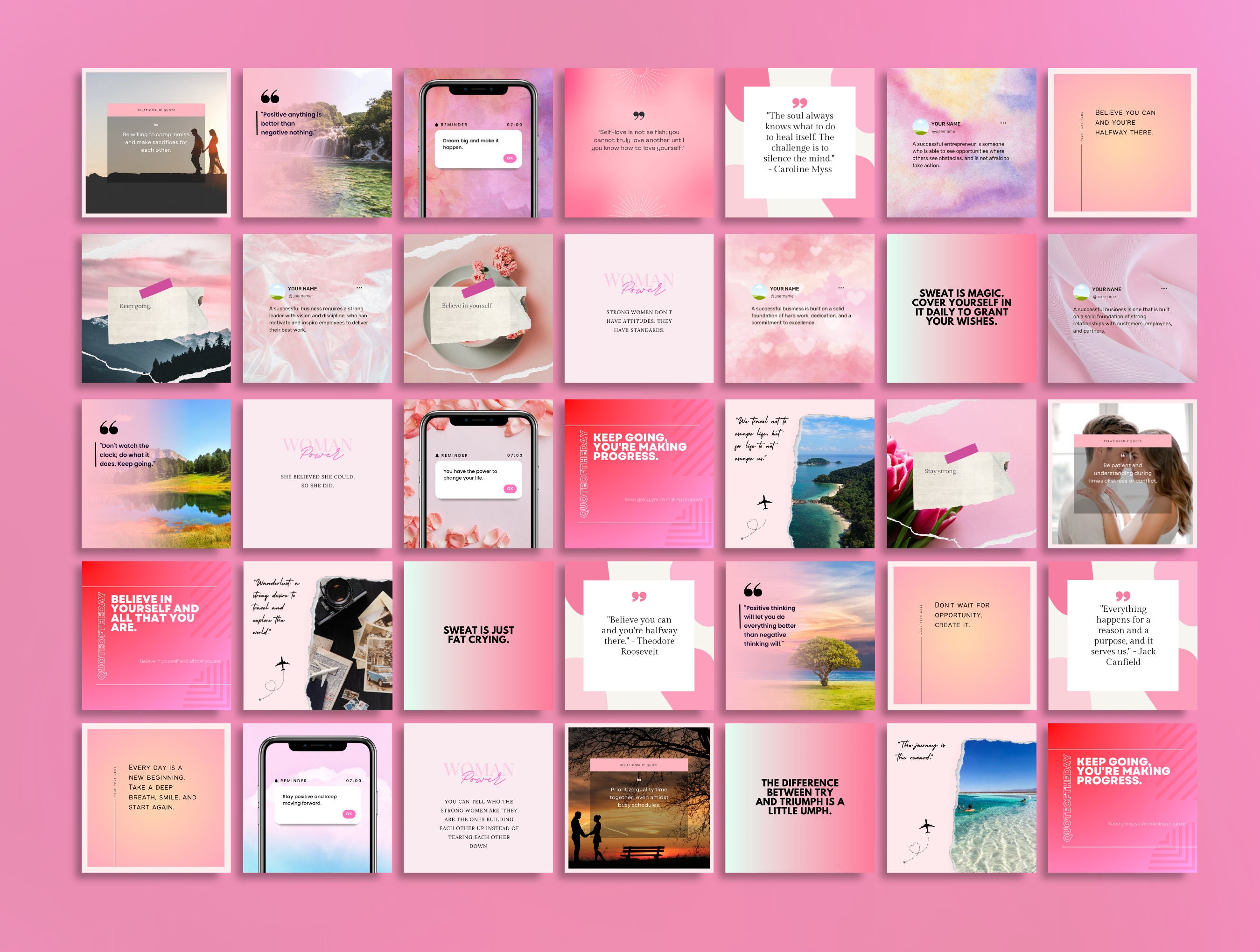 1800 Motivational Quotes Pink Theme, Canva Templates Fully Editable ...