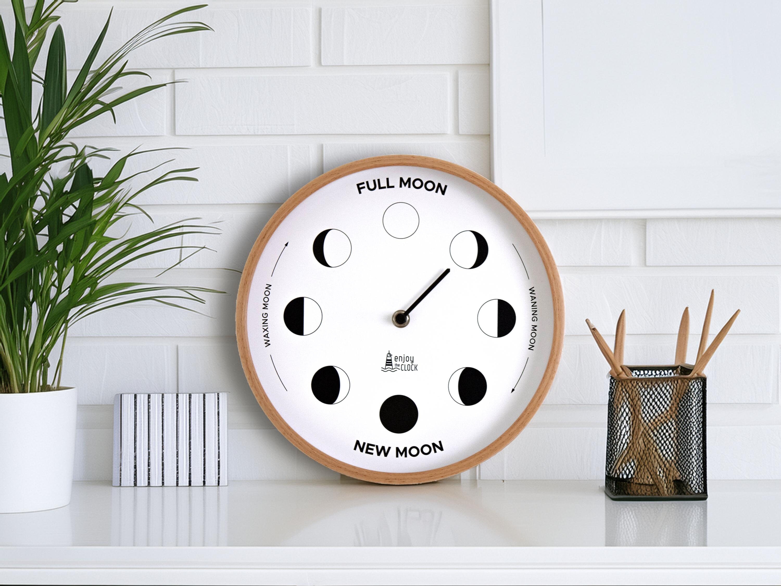 White Lunar Phase Clock – Track Moon Phases, Modern Design, Eco ...