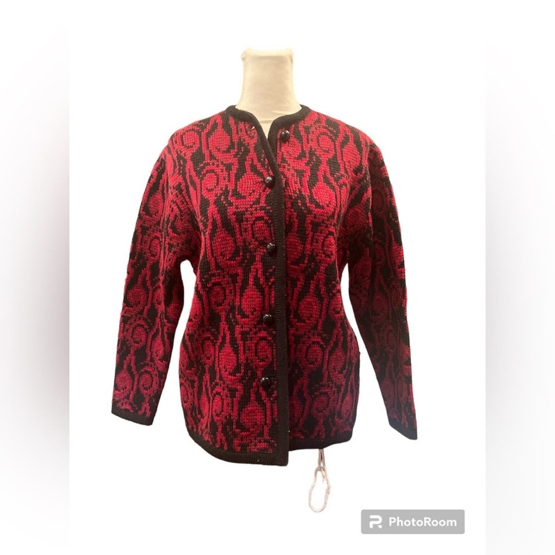 Esmo Modelle Red Black Abstract Pattern 100% Merino Wool Button Front ...