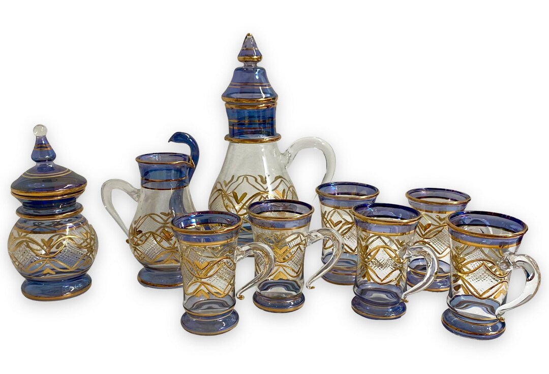 Hand Blown Glass Etched 24K Gold Tea Set With Glasses, Vintage Tea ...