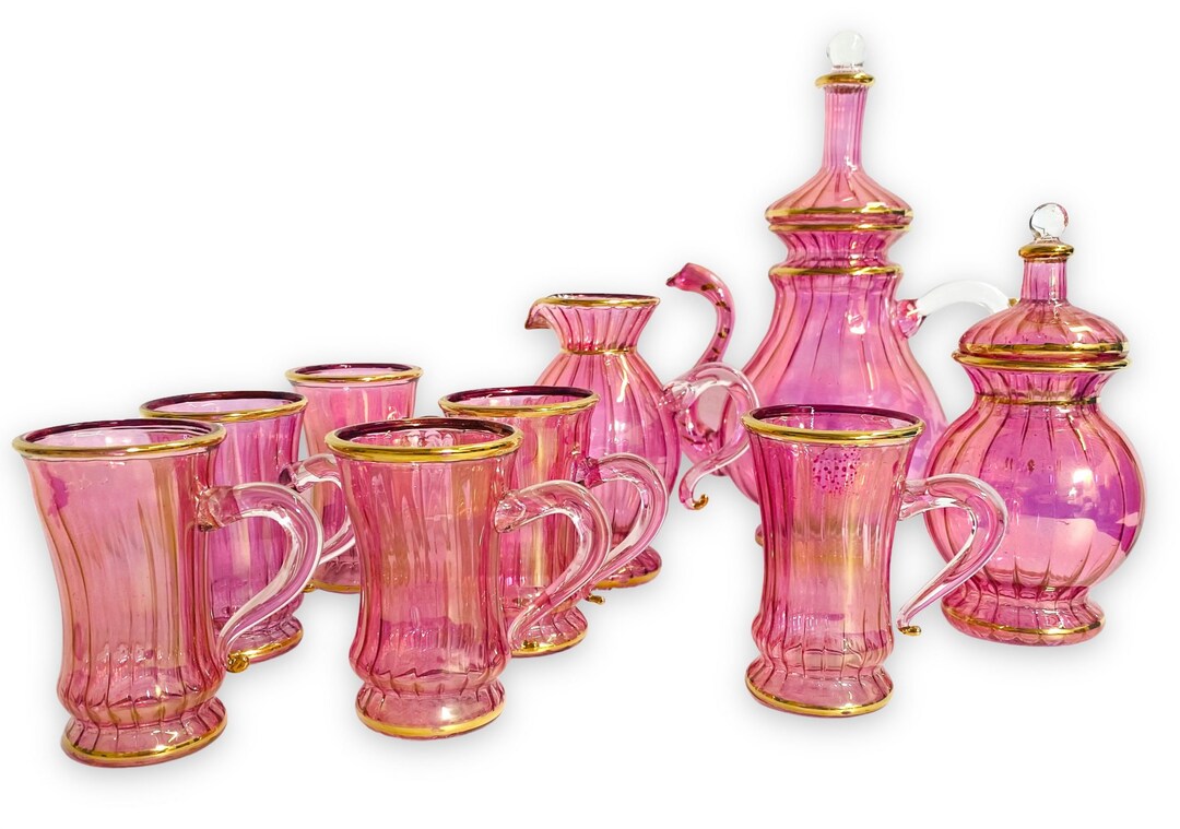 Vintage Tea Set and Glasses 24 Karat Gold Etching, Antique Tea Cups ...