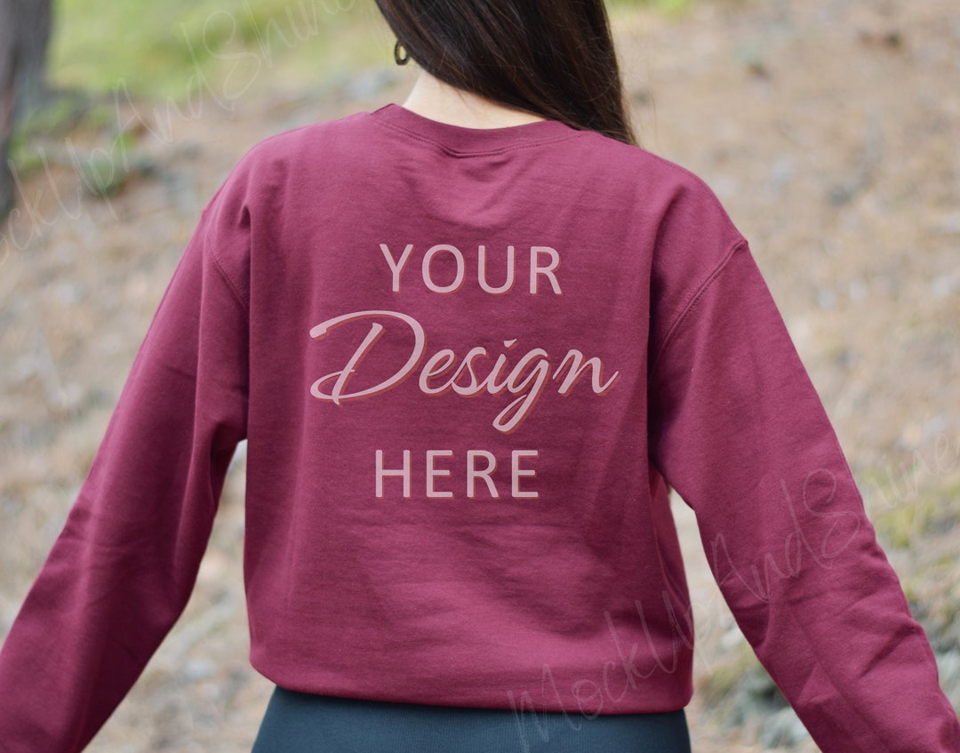 Gildan 18000 Back Mockup, Maroon Sweatshirt Mockup Gildan, Fall Model ...