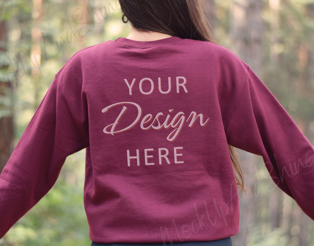 Gildan 18000 Back Mockup, Maroon Sweatshirt Mockup Gildan, Fall Model ...