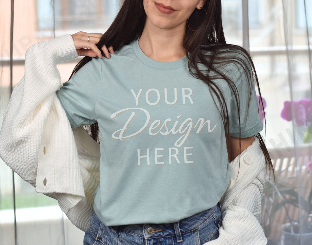 Bella Canvas 3001 Mockup, Heather Dusty Blue 3001 Mockup, Bella Canvas ...