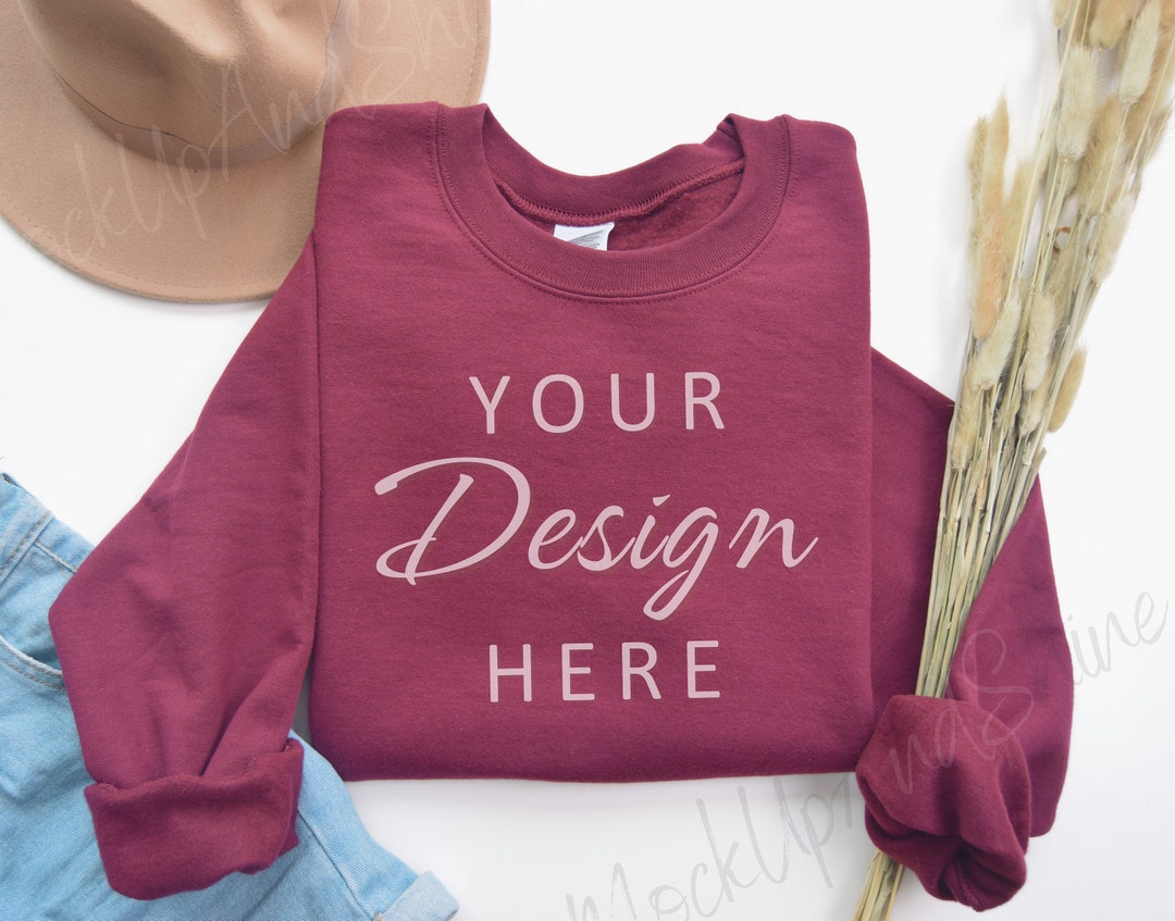 Gildan 18000 Mockup, Flat Lay Maroon Mockup 18000, Fall Sweatshirt ...