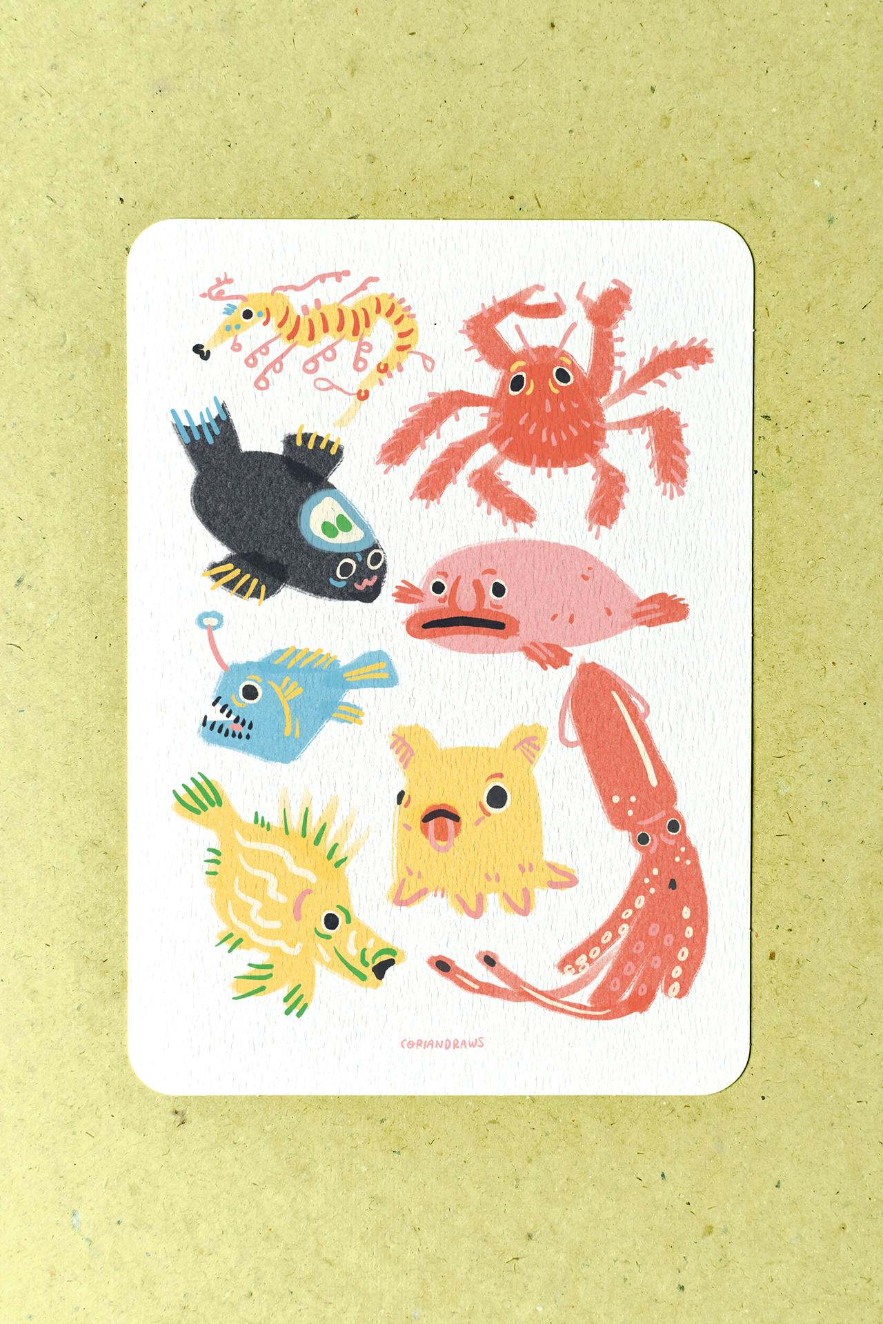 Derpy Funny Deep Sea Creatures, Printable Digital Poster, Illustration ...