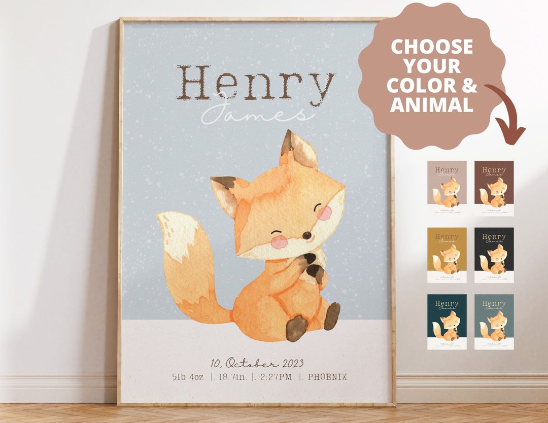Personalized Baby Name Print: Nursery Animal Art (birth Details) - Etsy