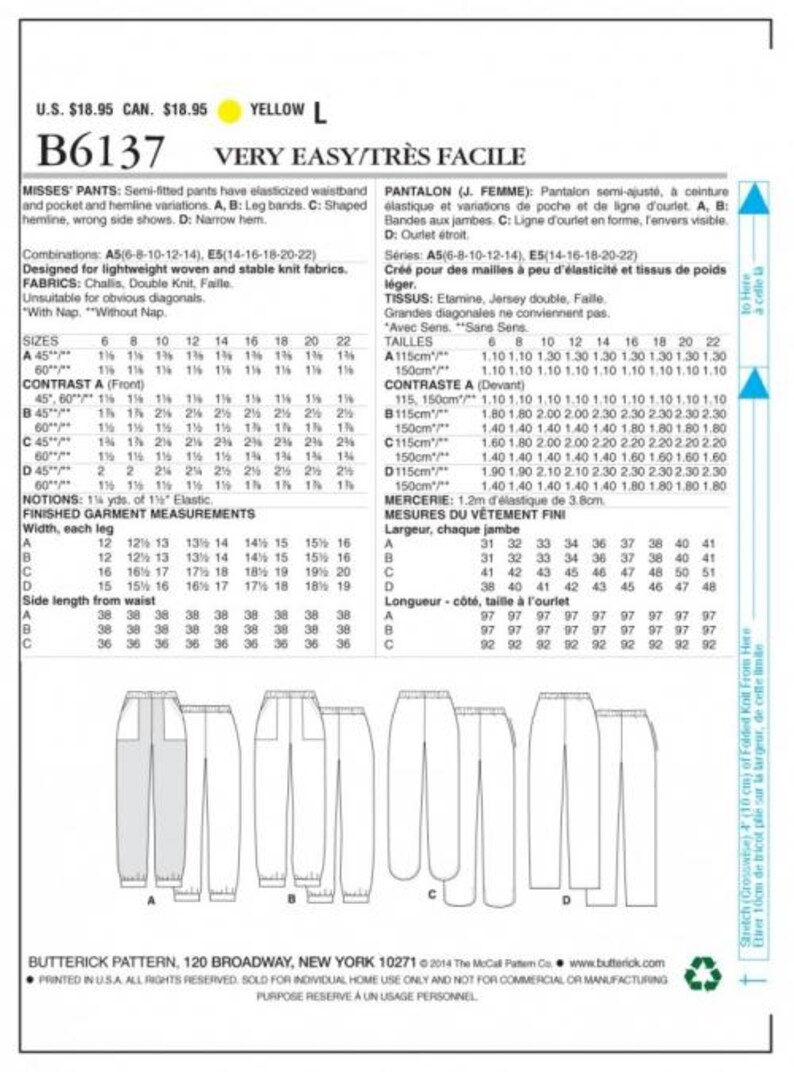 Butterick Sewing Pattern 6137 Women Trousers Difficulty Easy - Etsy