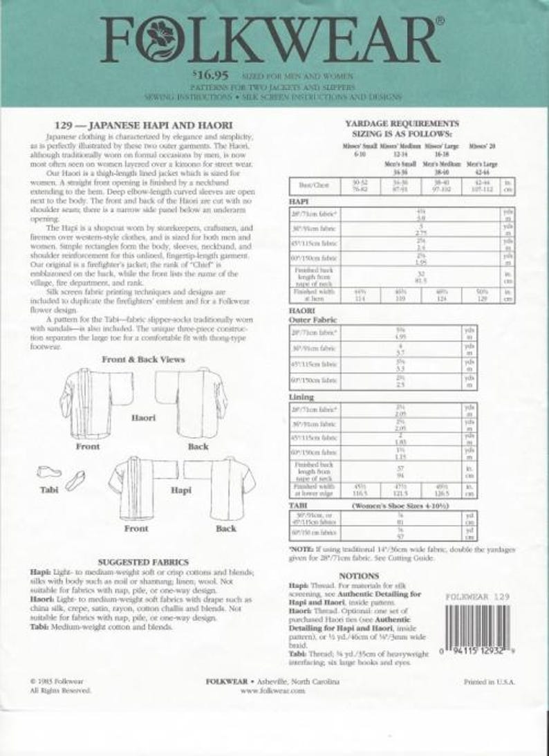 Folkwear Patterns Sewing Pattern Japanese Hapi & Haori Men, Women - Etsy
