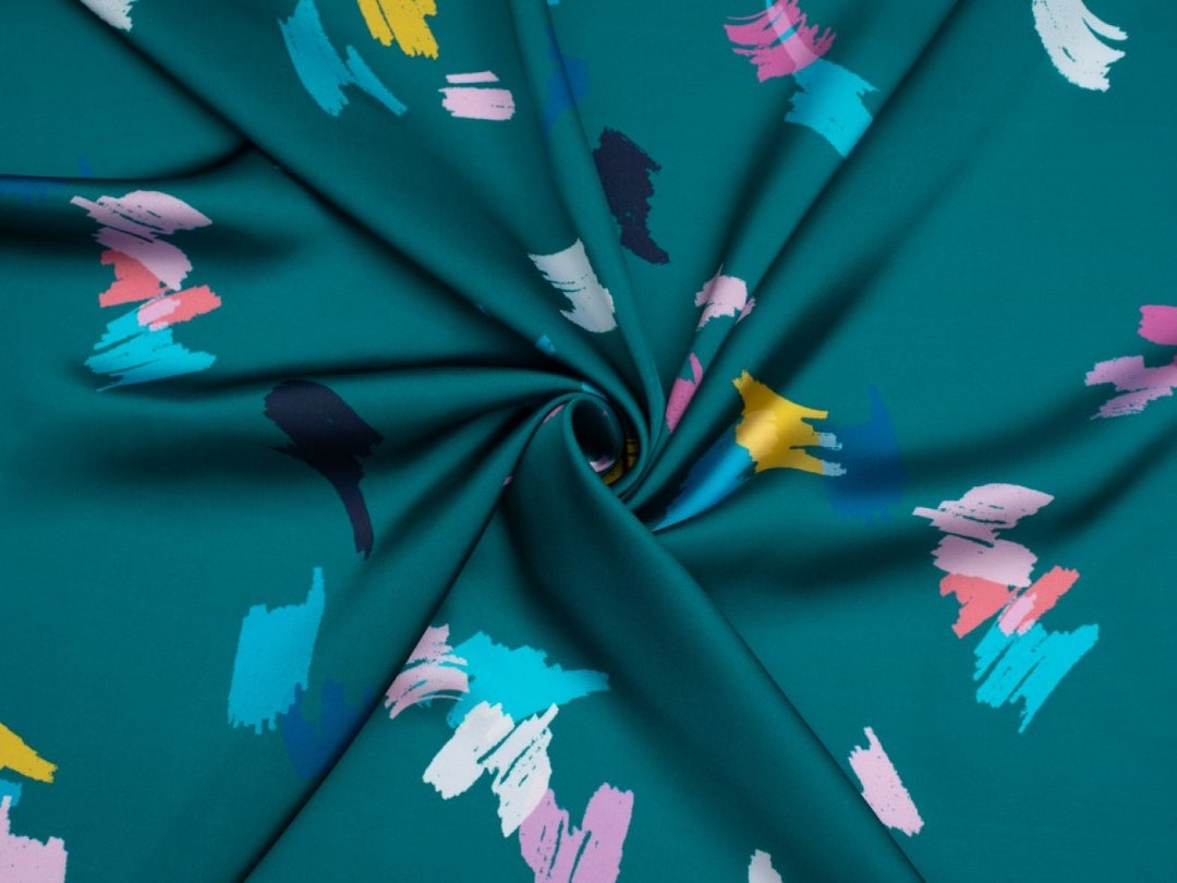 Charmeuse Silky Satin Fabric - Minerva Exclusive Confetti Cascade Teal - Abstract, Patterned ...
