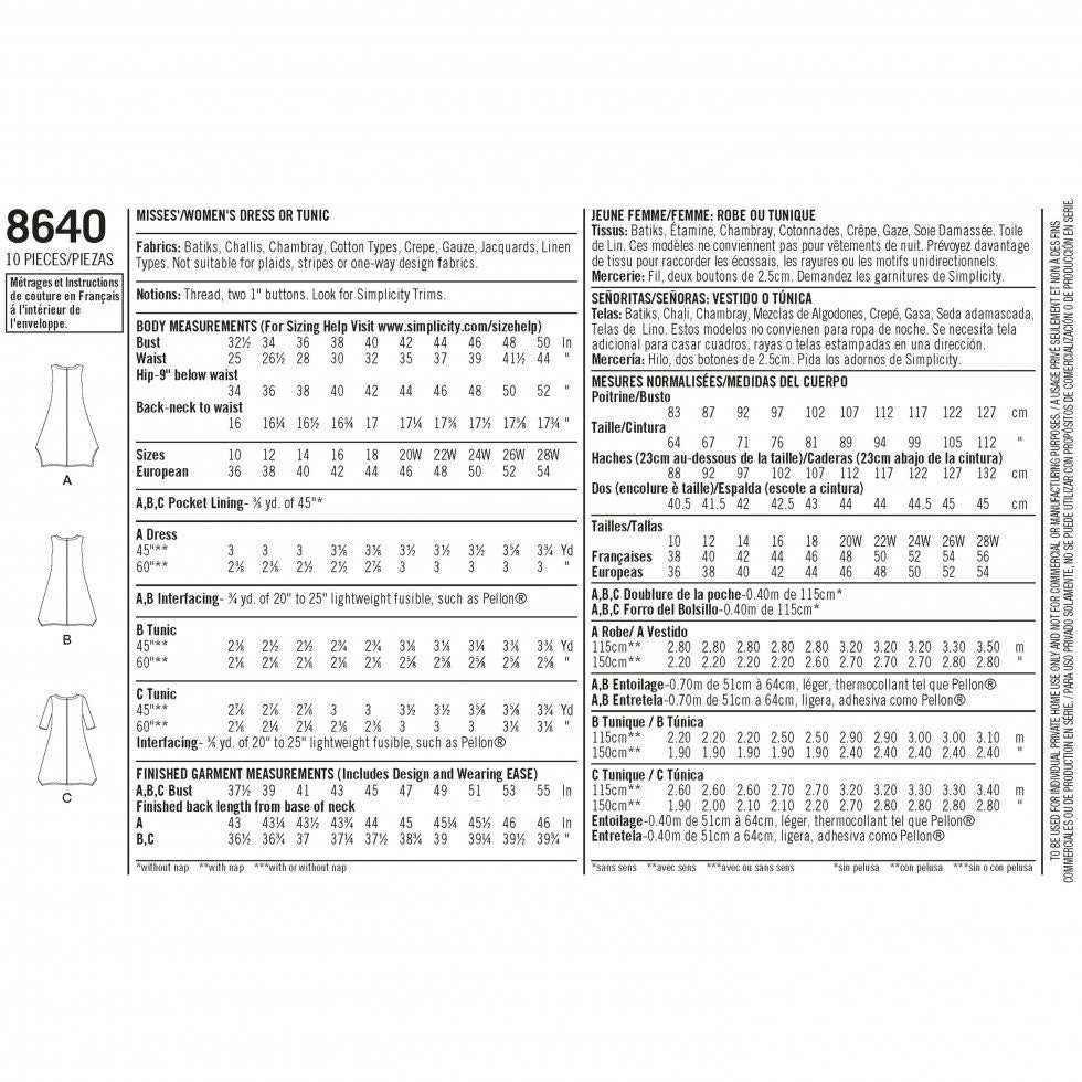 Simplicity Sewing Pattern 8640 Womens Dress, Tunics, Tops - Etsy