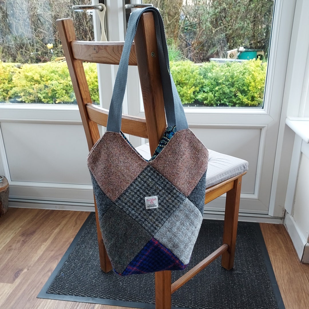 Harris Tweed Patchwork Bag in Tan Grey and Blue Hand Made - Etsy