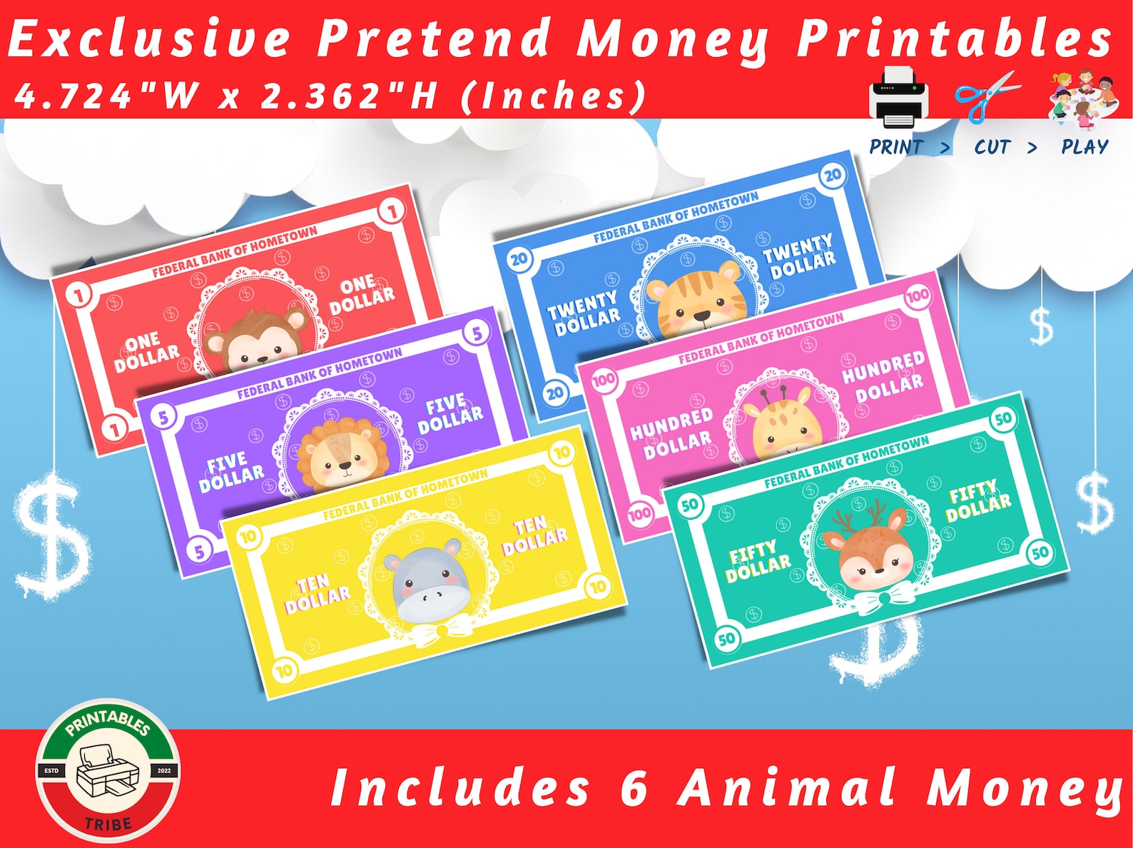 Printable Play Money for Kids Animal Play Money Pretend Money to Learn ...