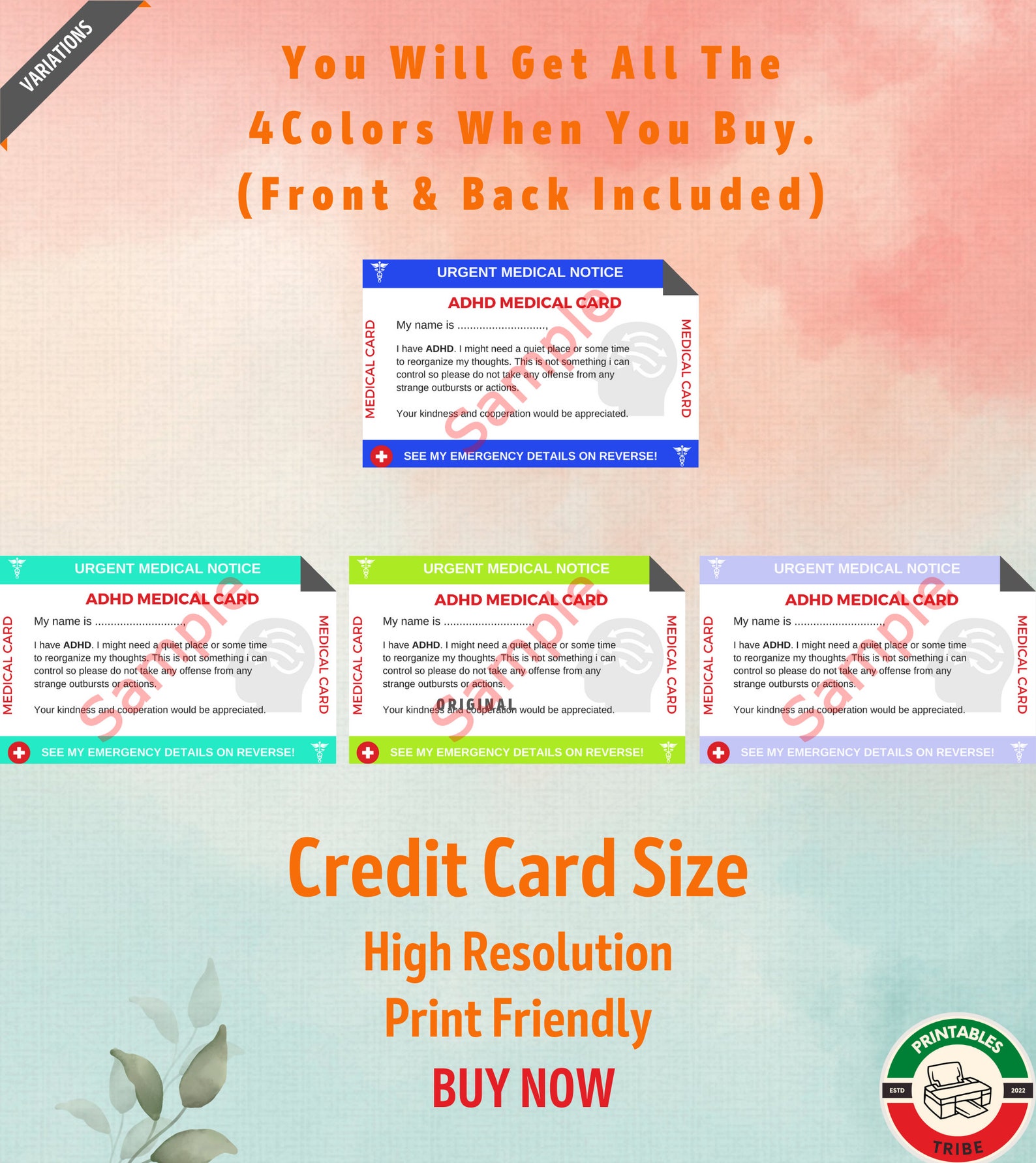 ADHD Awareness Medical Alert ID Card Template - Invisible Disability ...