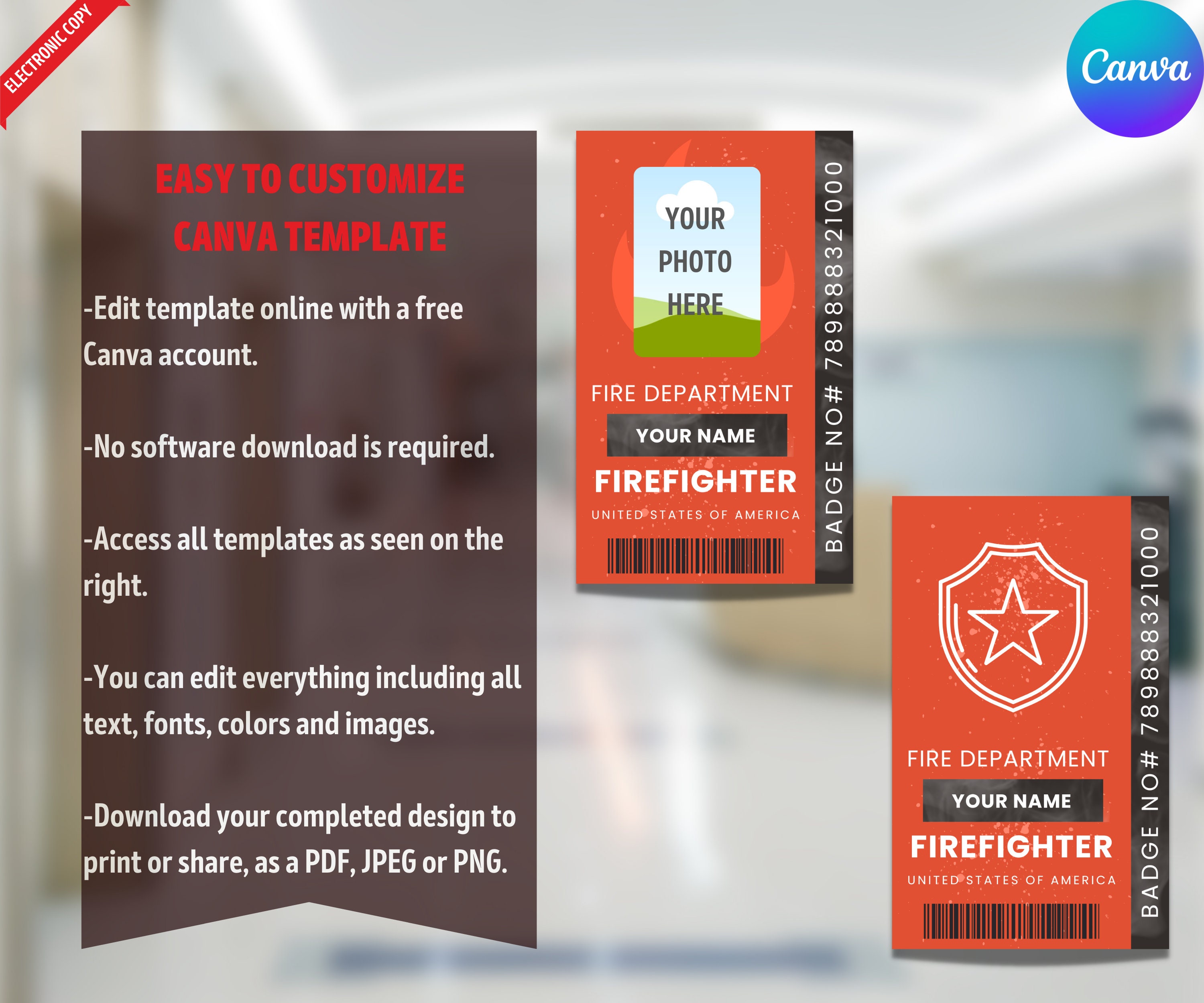 Personalized Firefighter Fire Department ID Badge, ID Card, Pretend ...