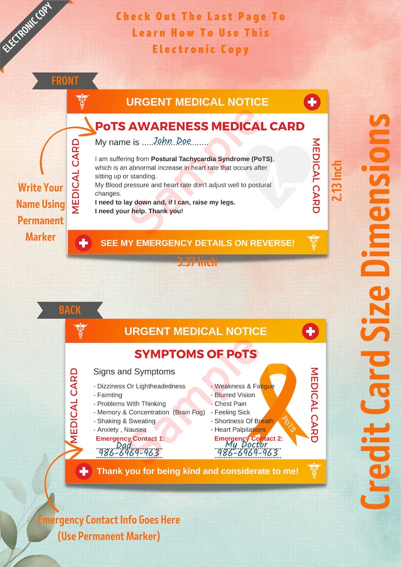 Pots Syndrome Awareness Medical Alert ID Card Template - Invisible Disability - Postural Pain ...