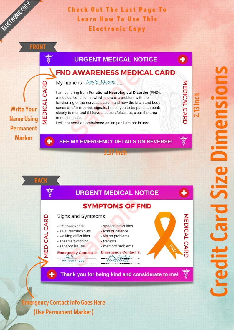 FND Awareness Emergency Medical ID Card Template - Disability Alert ...