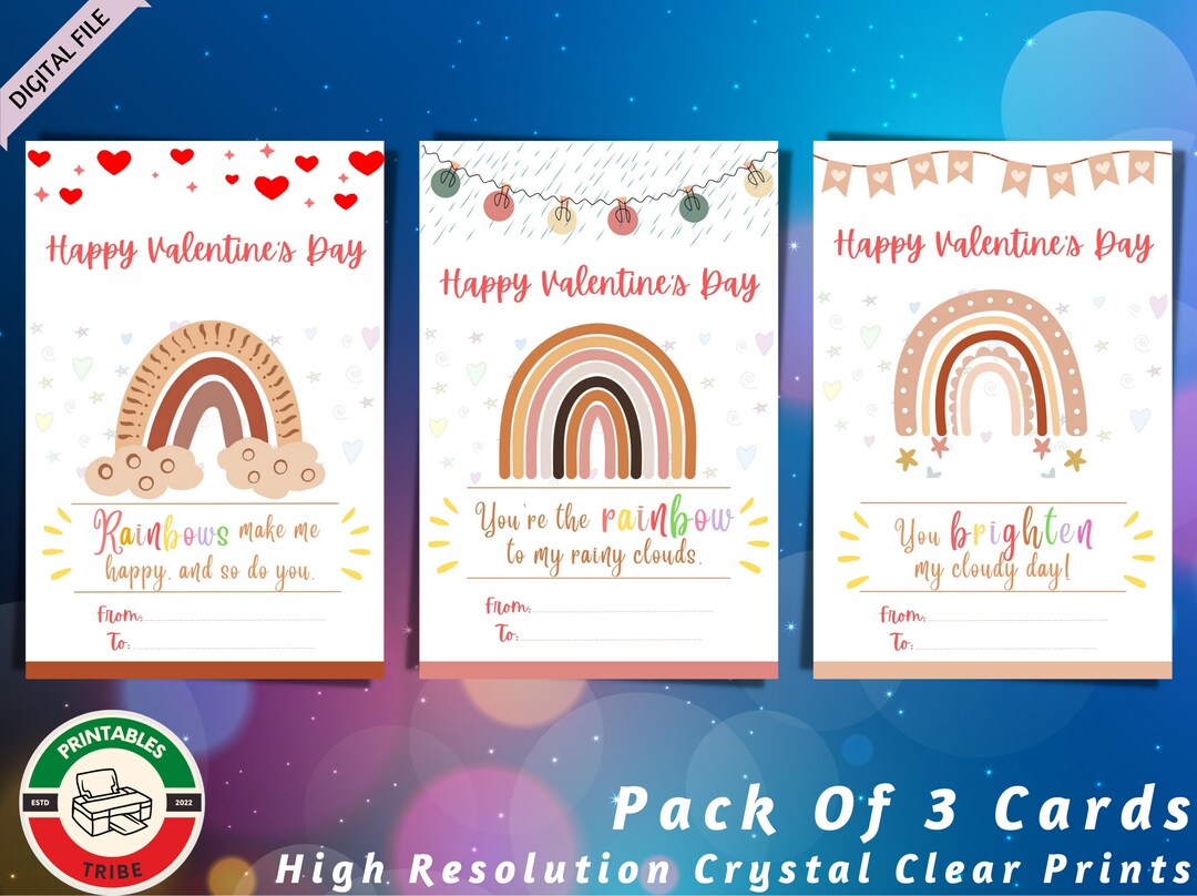 Set 3 Rainbow Valentine Cards Classmates | Best Friend Valentine | Boho ...