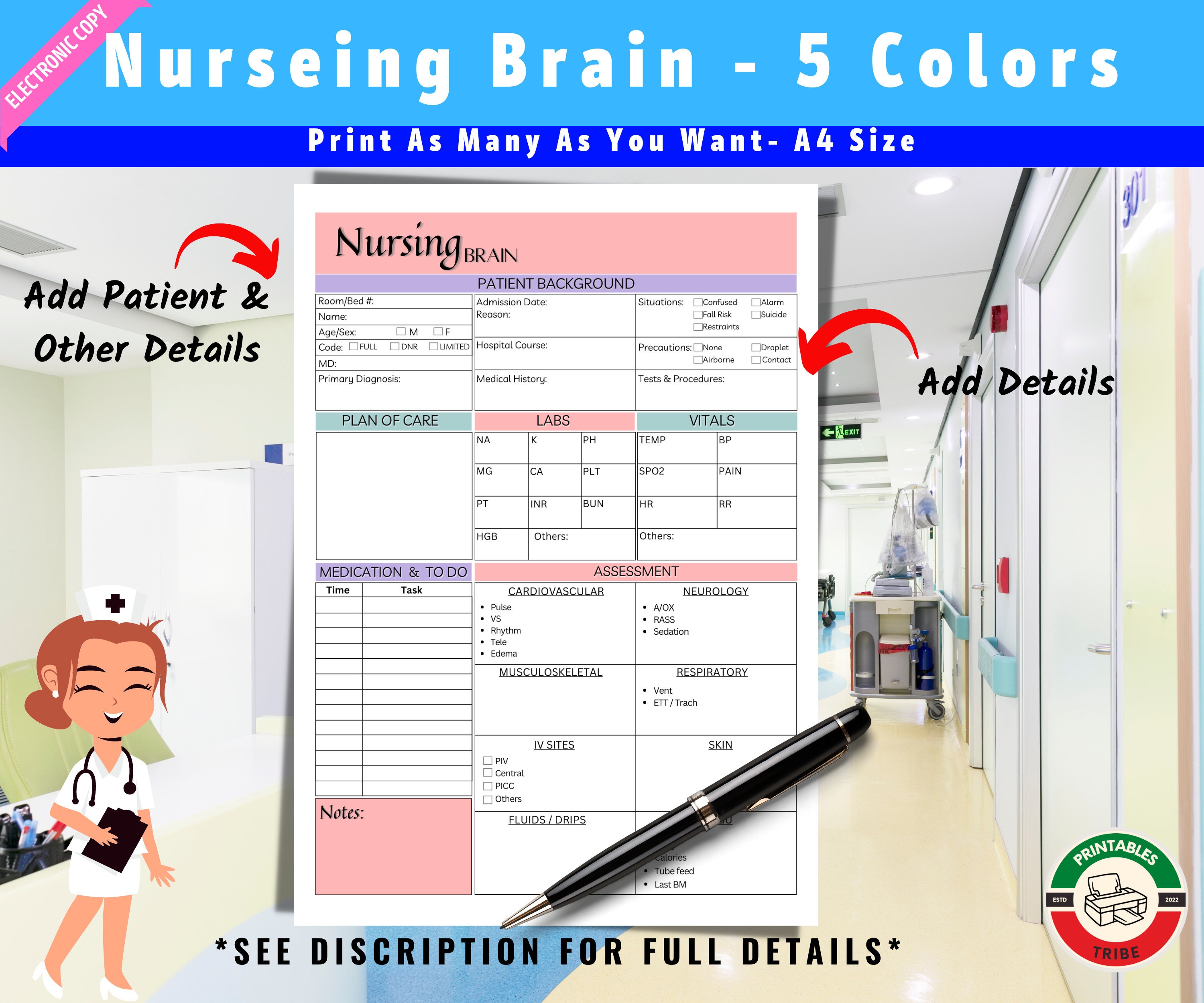 Printable Nurse Brain Sheet Handoff Med Surg Telemetry ICU - Etsy
