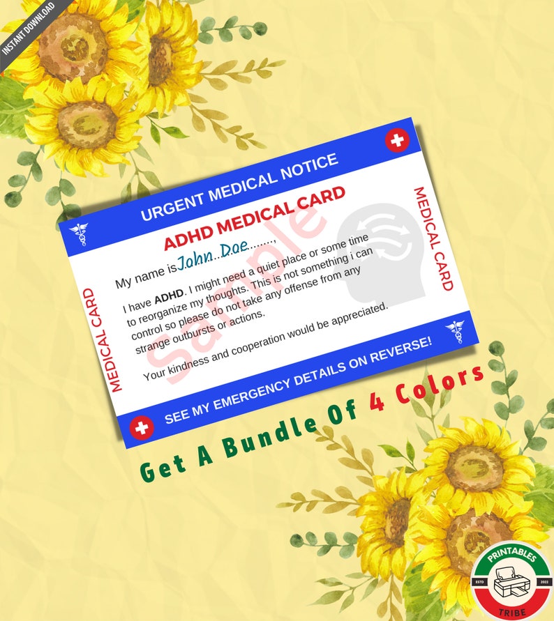 ADHD Awareness Medical Alert ID Card Template - Invisible Disability - Emergency Card ...