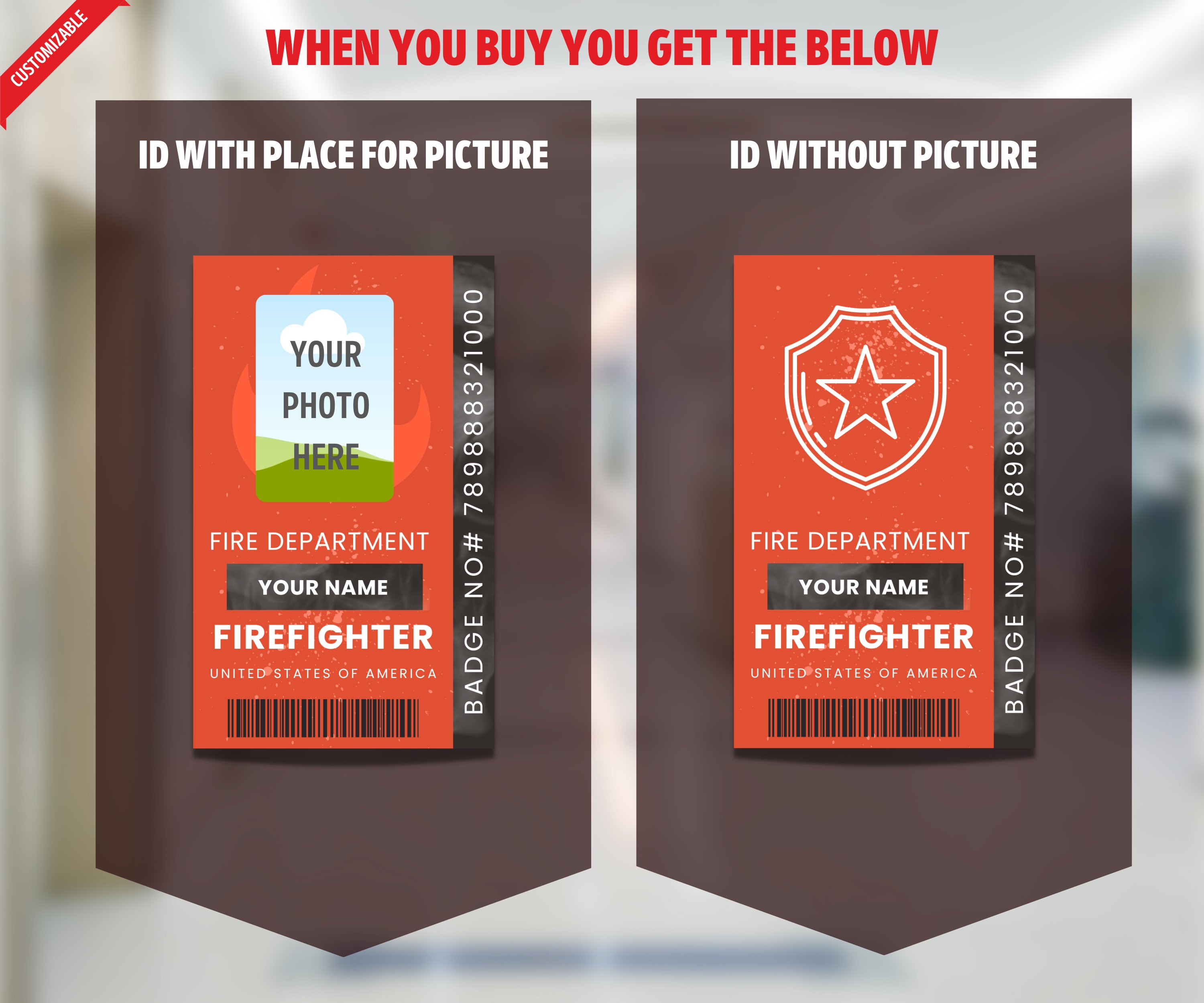 Personalized Firefighter Fire Department ID Badge, ID Card, Pretend ...