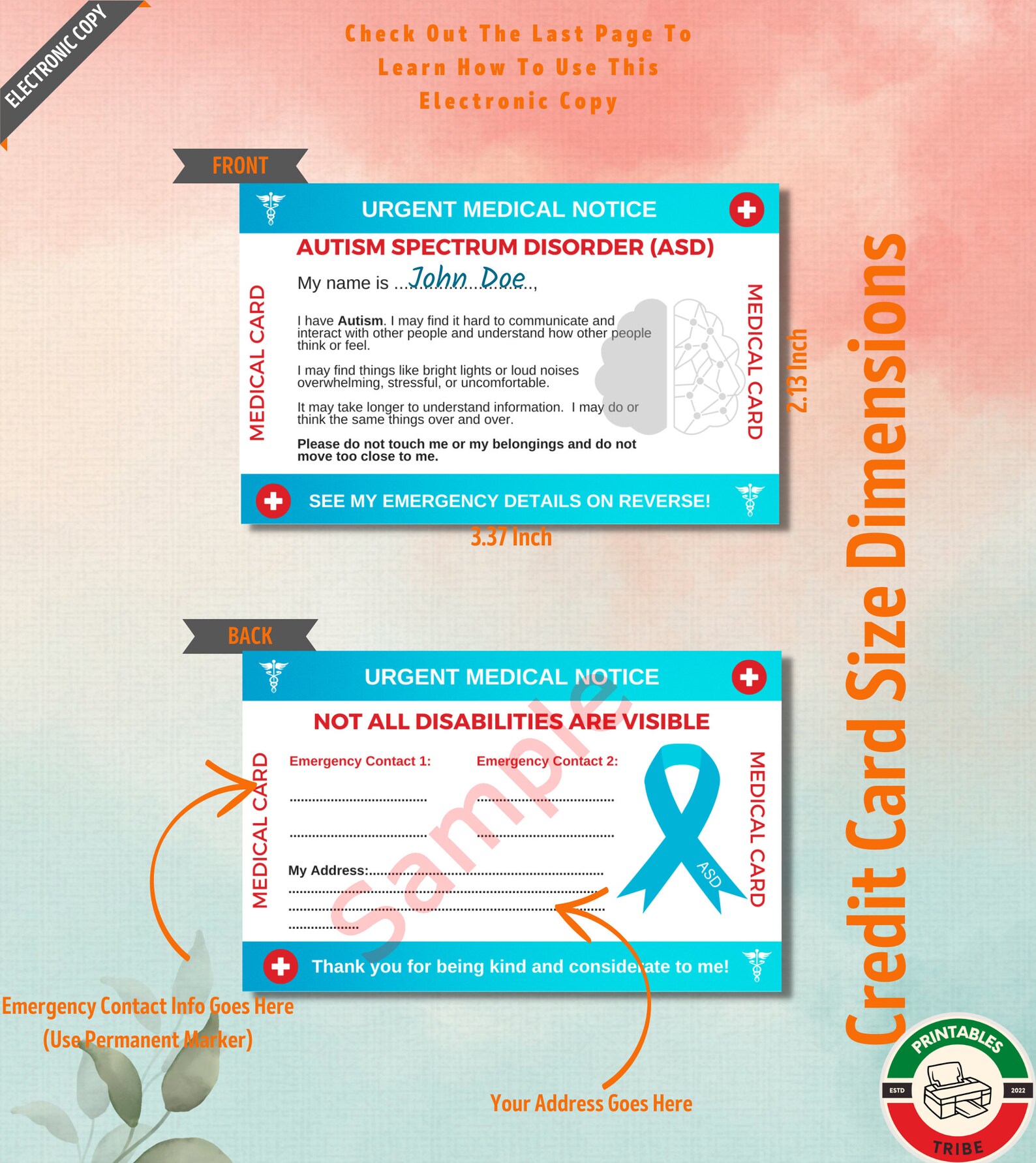 Autism Awareness Medical Alert ID Card Template - Invisible Disability ...