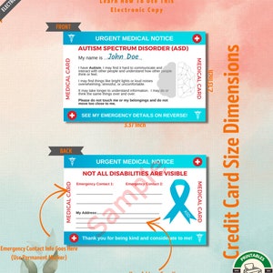 Autism Awareness Medical Alert ID Card Template - Invisible Disability ...