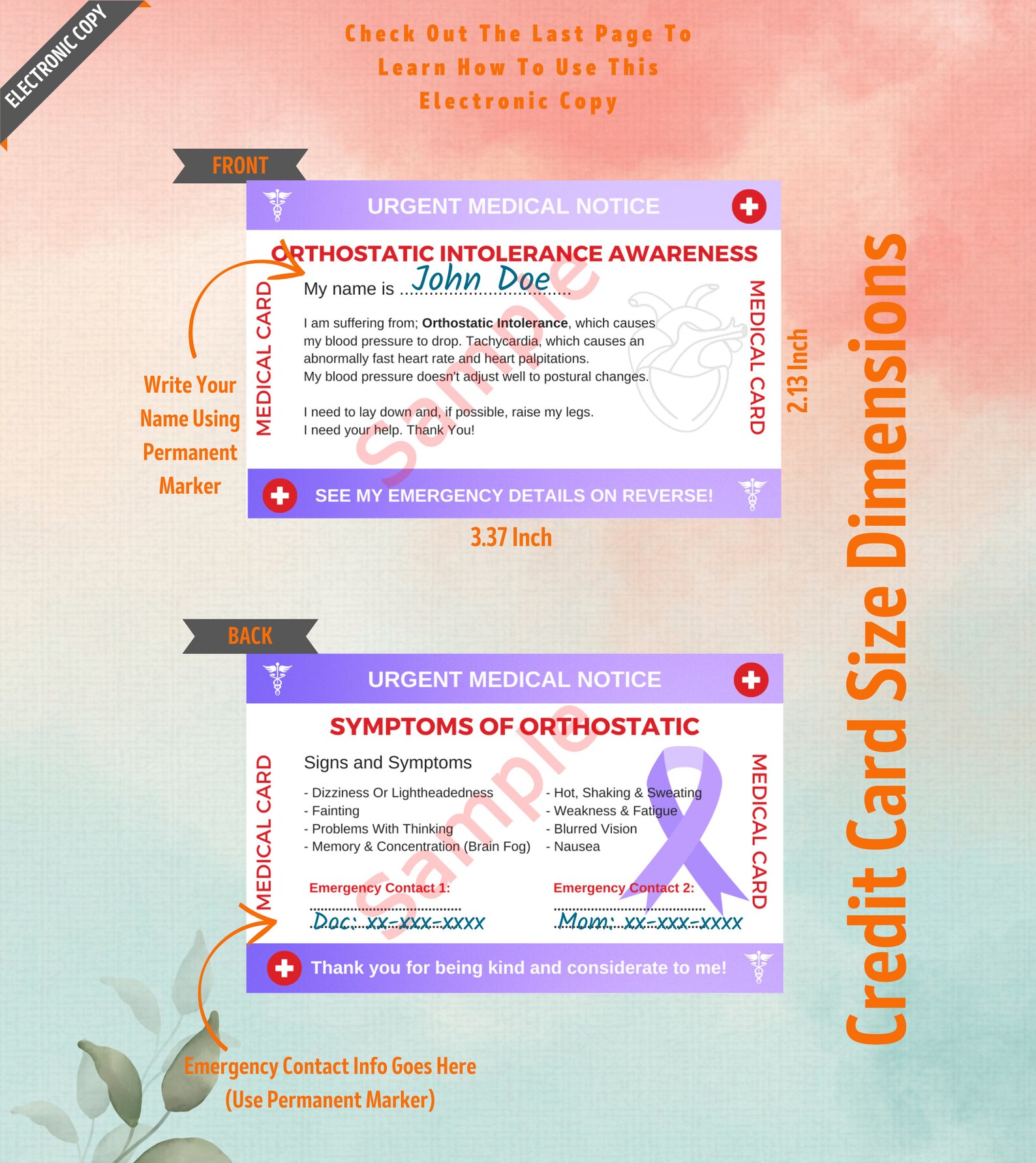 Orthostatic Intolerance Awareness Medical Alert ID Card Template - Invisible Disability - BP ...