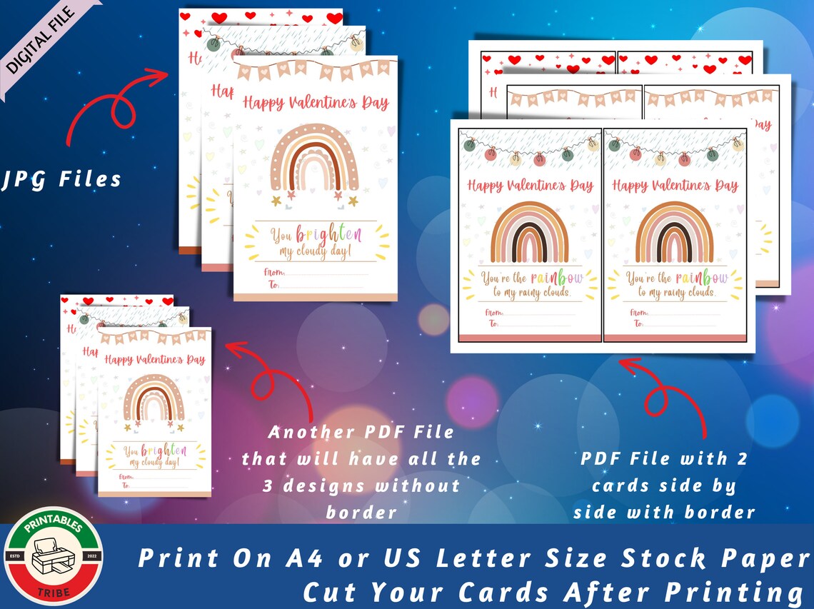 Set 3 Rainbow Valentine Cards Classmates | Best Friend Valentine | Boho ...
