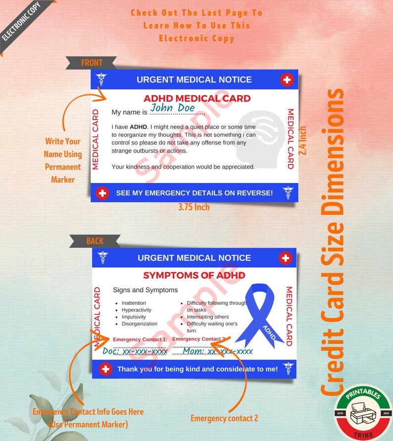 ADHD Awareness Medical Alert ID Card Template - Invisible Disability ...