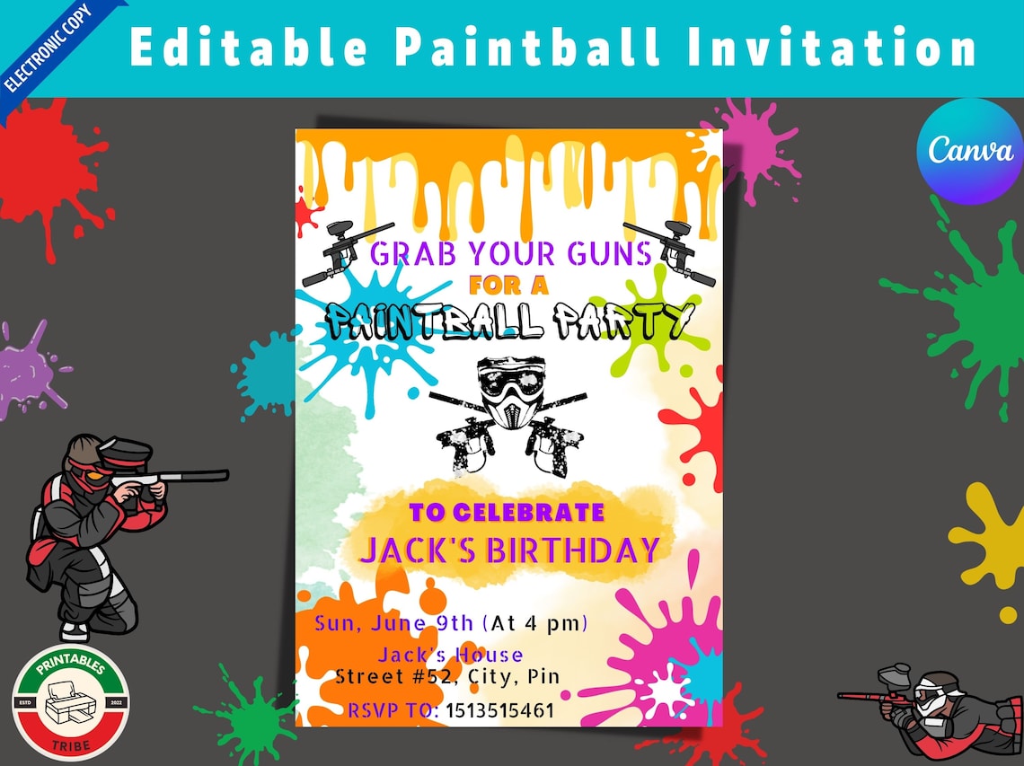 Paintball Invitation Template | Customizable Paintball Party Invites ...