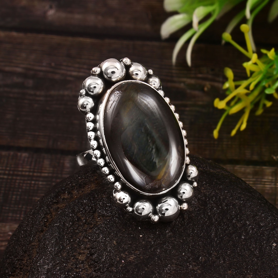 Hawk Eye Gemstone Ring: 925 Sterling Silver Boho Statement Jewelry - Etsy