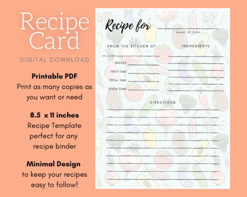 Recipe Book Template PRINTABLE Recipe Sheet Recipe Cards Minimal Recipe ...