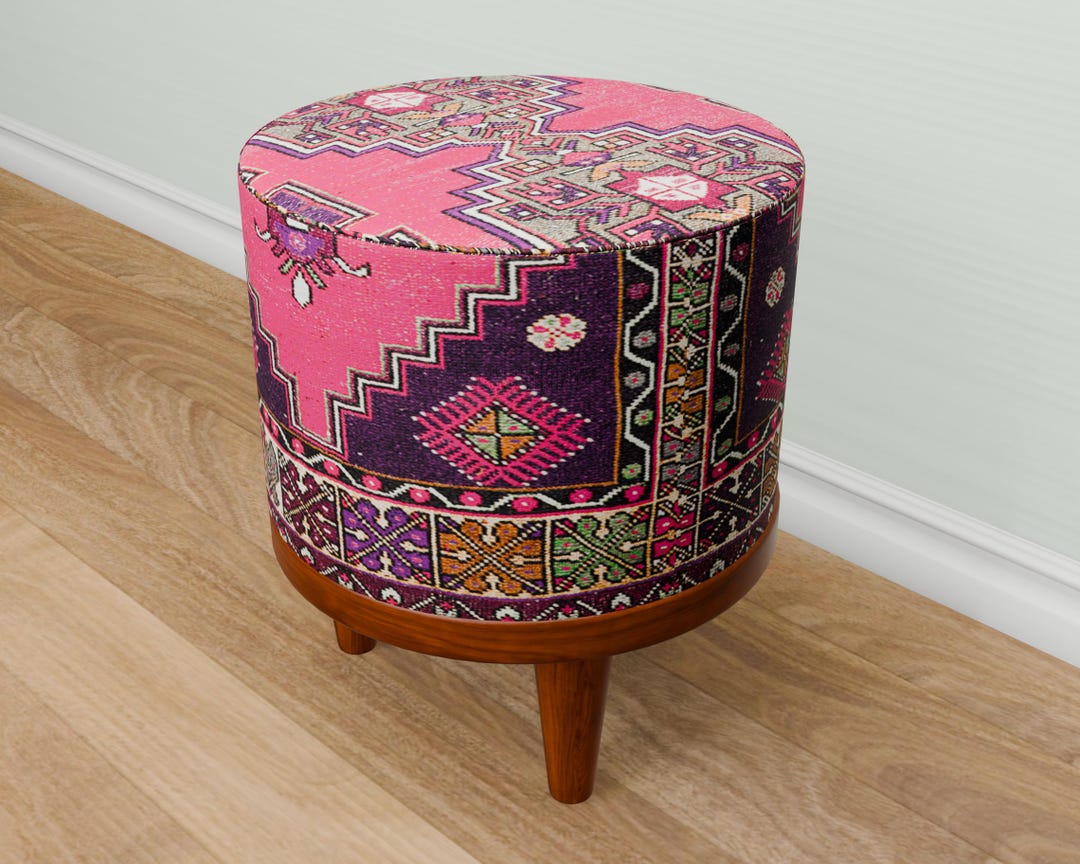 Round Footstool, Pink Pouf Stool, Vintage Style Bench, Aesthetic ...