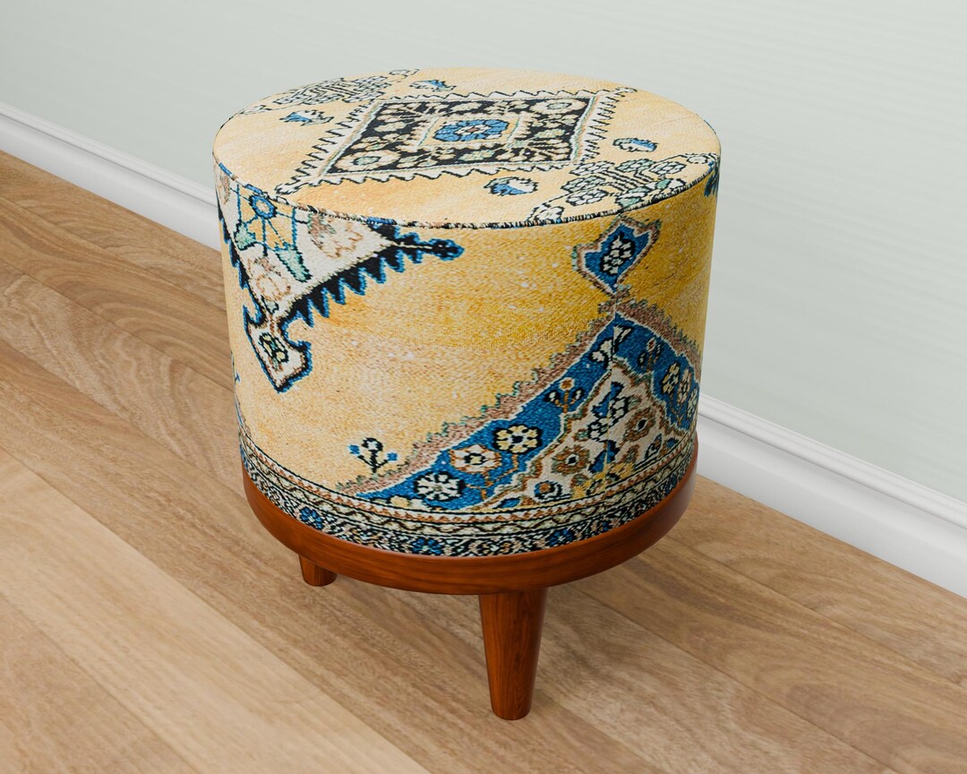 Yellow Footstool, Round Ottoman Pouf, Vanity Footrest, Primitive ...