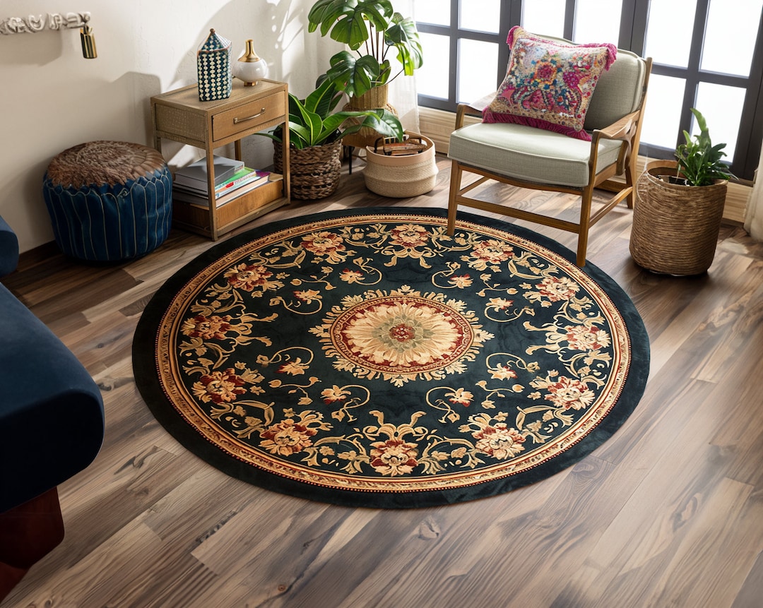 Splendid Round Rug, Velvet Pattern Rug, Victorian Round Rug, Kitchen ...