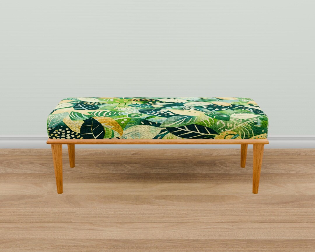 Green Color Bench, Botanical Bench, Leaf Pattern Bench, Ottoman Bench ...