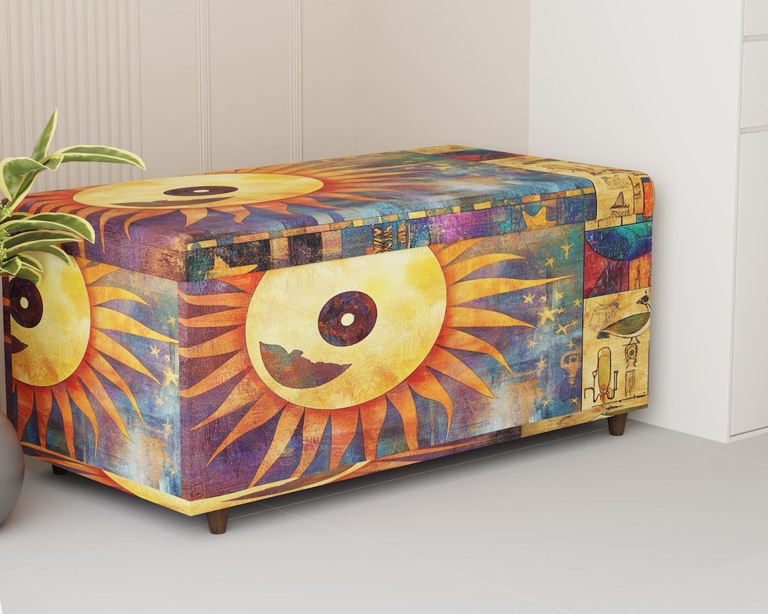 Boho Sun Moon Ottoman Storage Bench With Spiritual Cosmic Art, Colorful ...