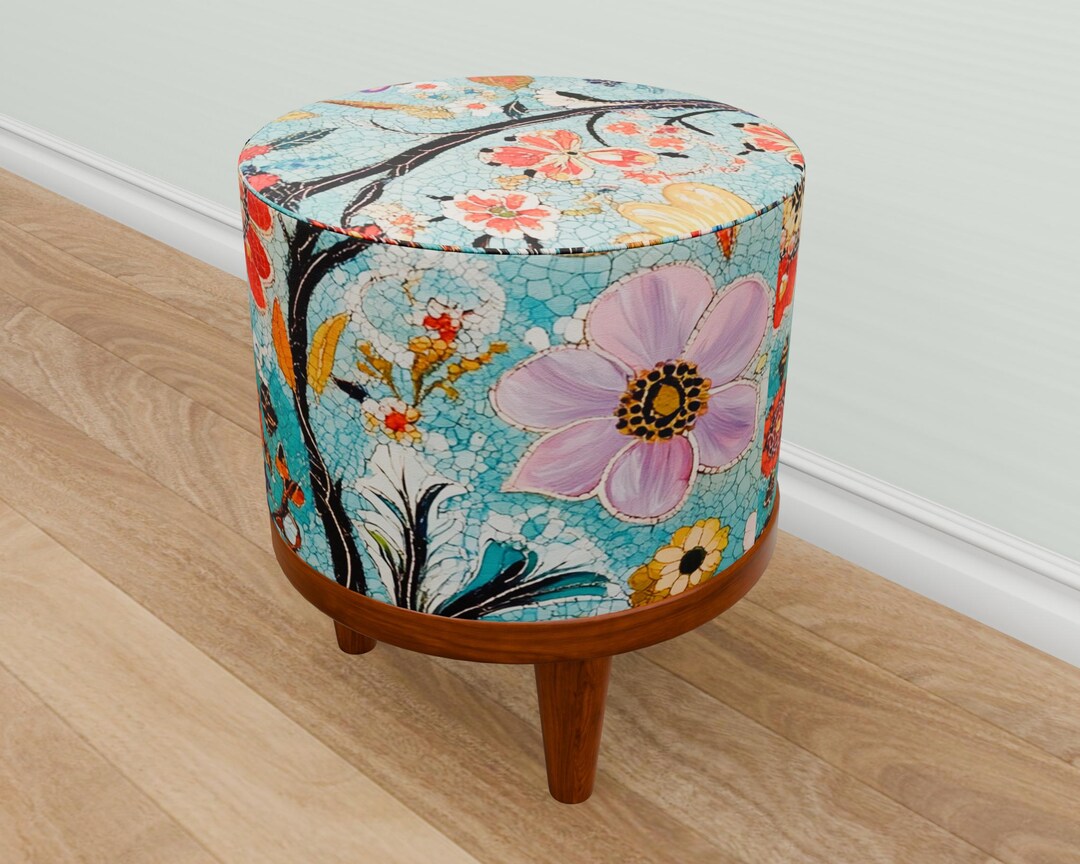 Colorful Pouf Stool, Botanical Footstool, Ethnic Design Pouf, Modern ...