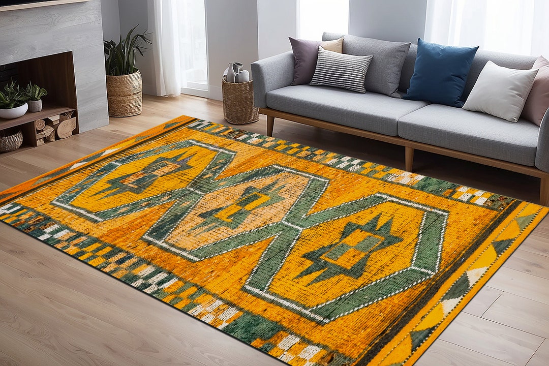 Yellow Medium Rug, Herki Pattern Rug, Aesthetic Rug, Print Kilim Rug ...