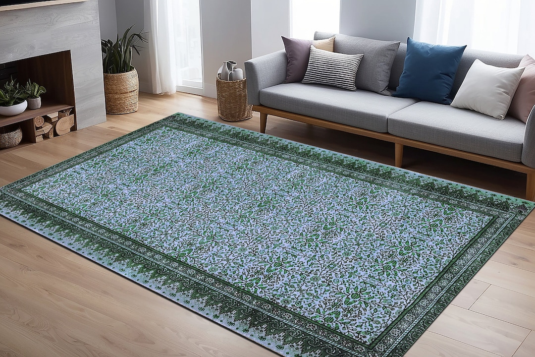 Blue and Green Rug, Country Pattern Rug, Rug for Library, 5x7 Size Rug ...
