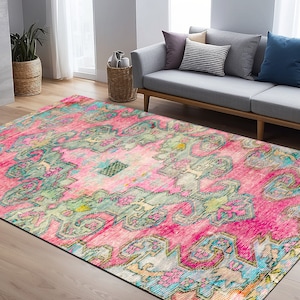 Pastel Color Rug, Pink Green Rug, Rug With Flowers, Kitchen Sink Rug ...