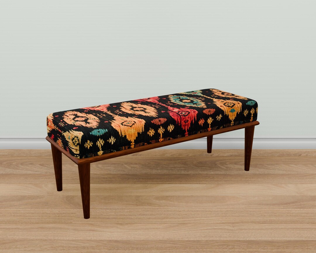 Black Ikat Tribal Bench for Bedroom | Ethnic Pattern Wood Shoe Seat | M ...