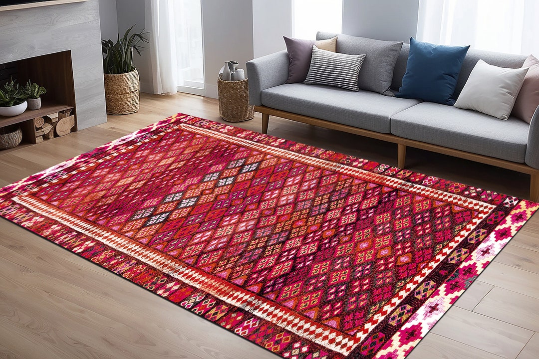 Pink Area Rug, Bohemian Rug, Entrance Rug, Vintage Pattern Rug, Ikat ...